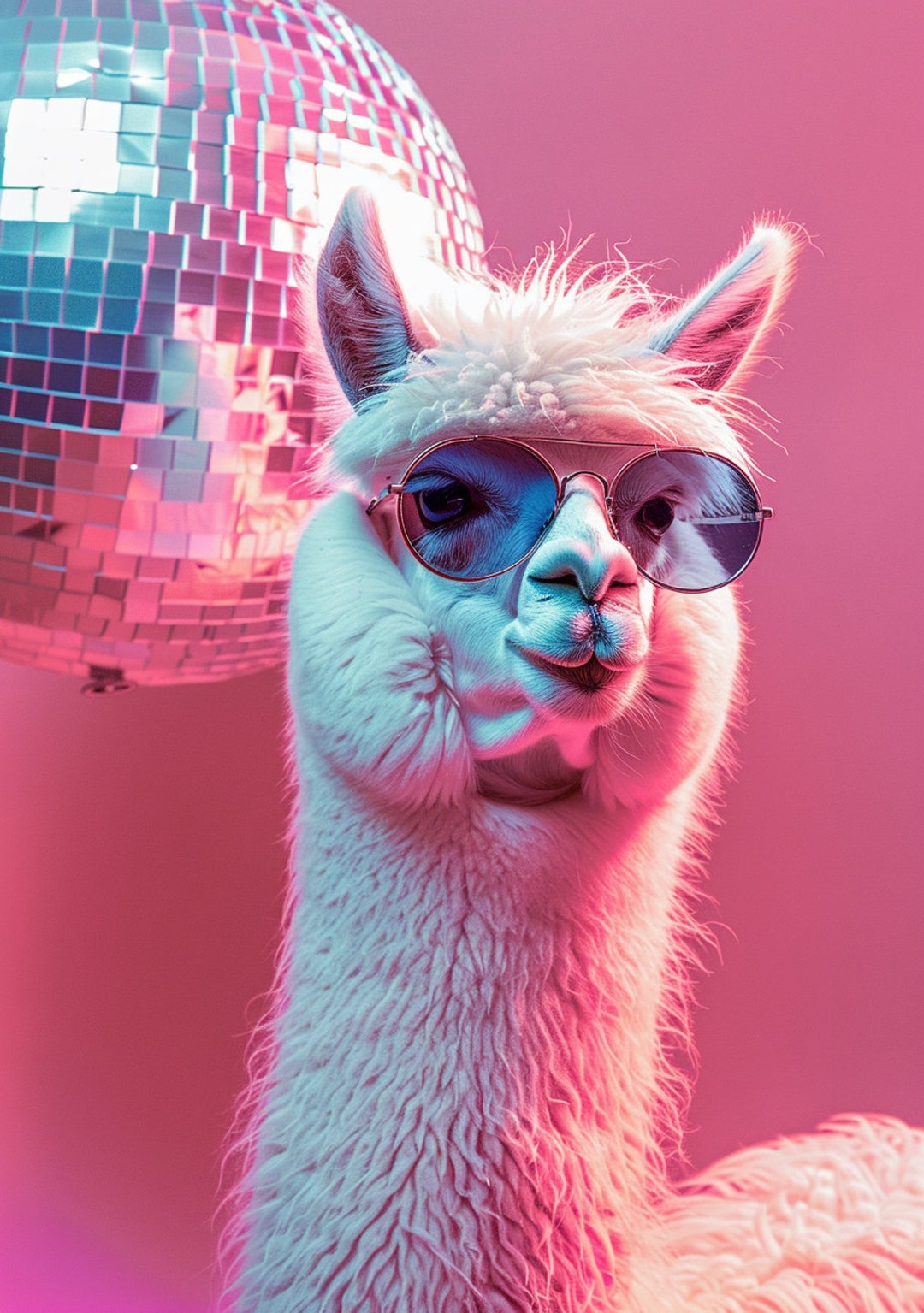Funny Animal Wall Art Pink Party Llama Disco Llama With Glasses - A4 A3 ...