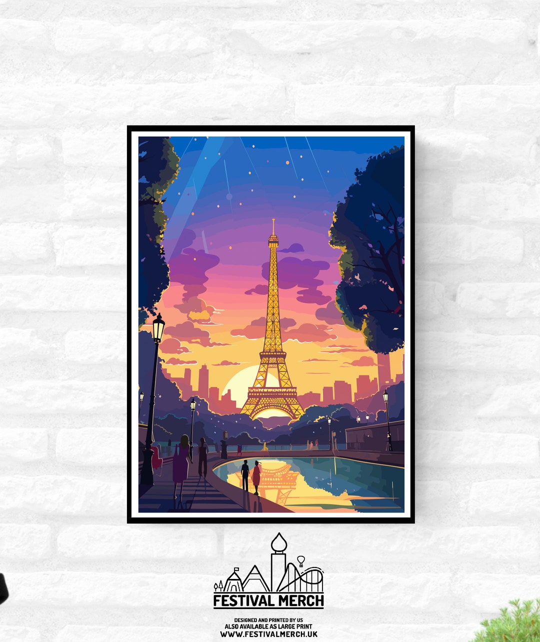Paris Travel Print City Skyline Eiffel Tower at Night France Sunset ...