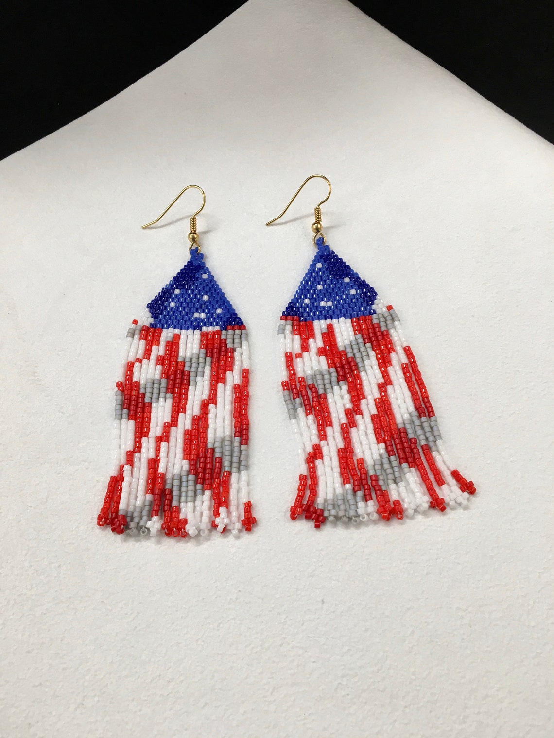 Fringe Earrings USA Flag Fringe Earrings Handcrafted Beaded | Etsy