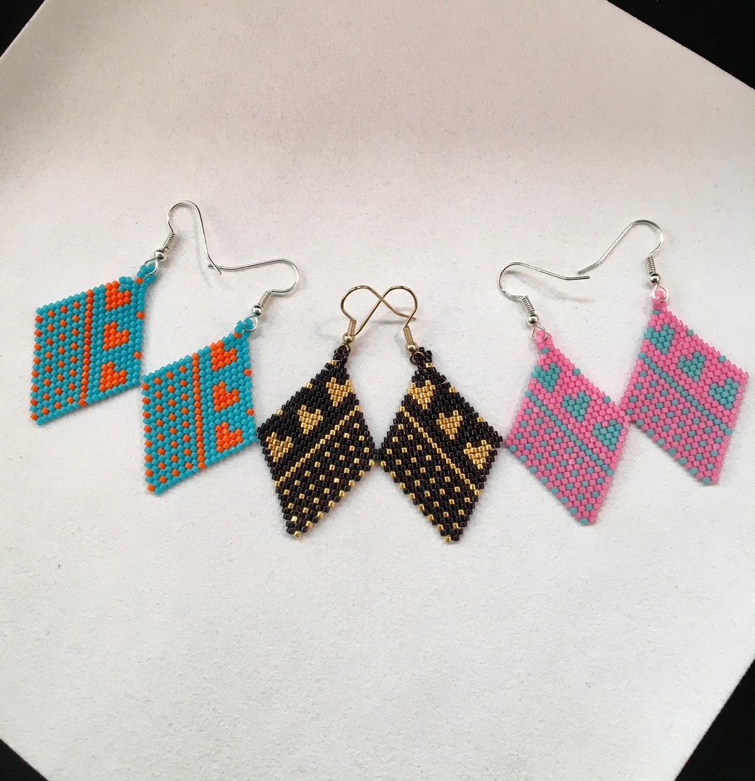 Diamond Heart Seed Bead Earrings, Heart Earrings, Handcrafted Beaded ...