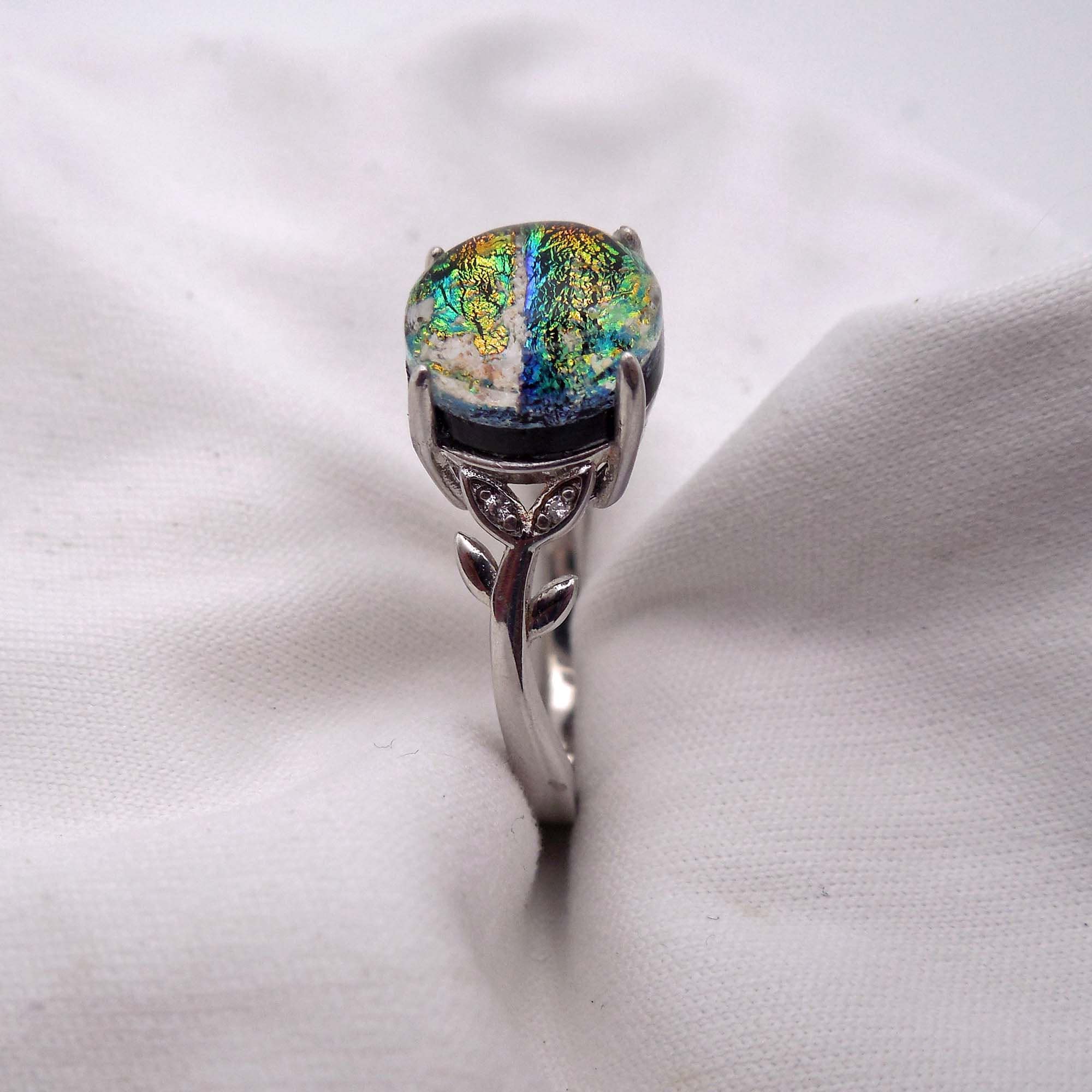 Unique Dichroic Glass Vine Cremains Ring, Unique Cremation Ring With ...