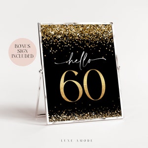 Black and Gold 60th Birthday Decorations, 60th Birthday Signs, Editable ...