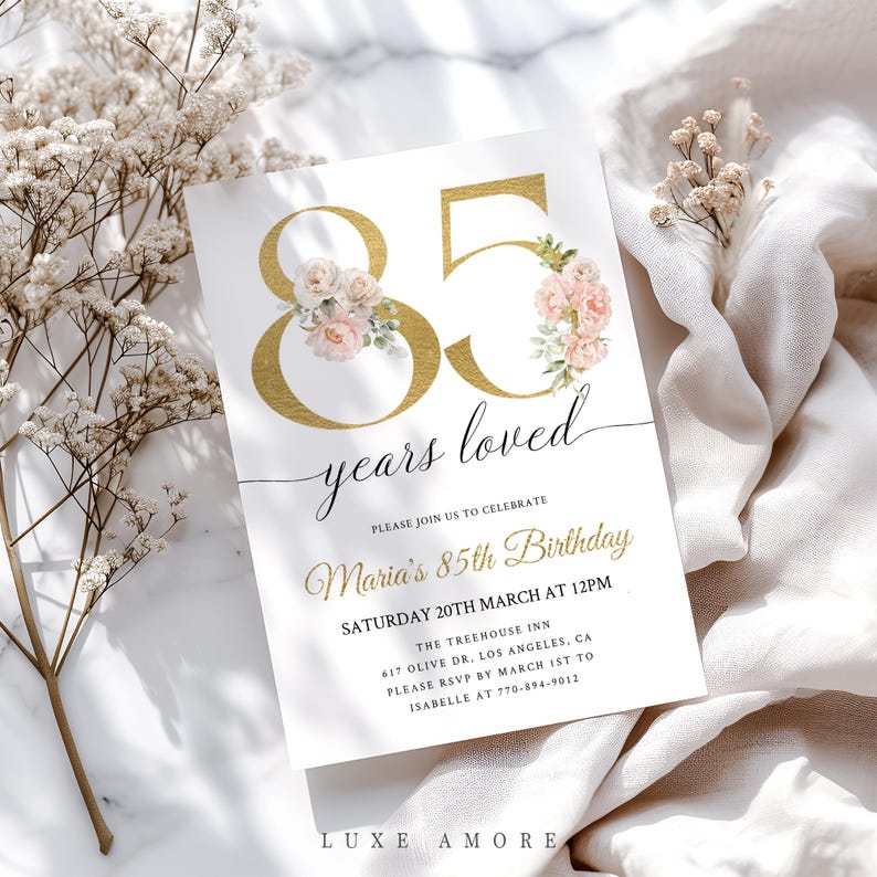 Floral 85th Birthday Invitation Template, 85 Years Loved Invitation ...