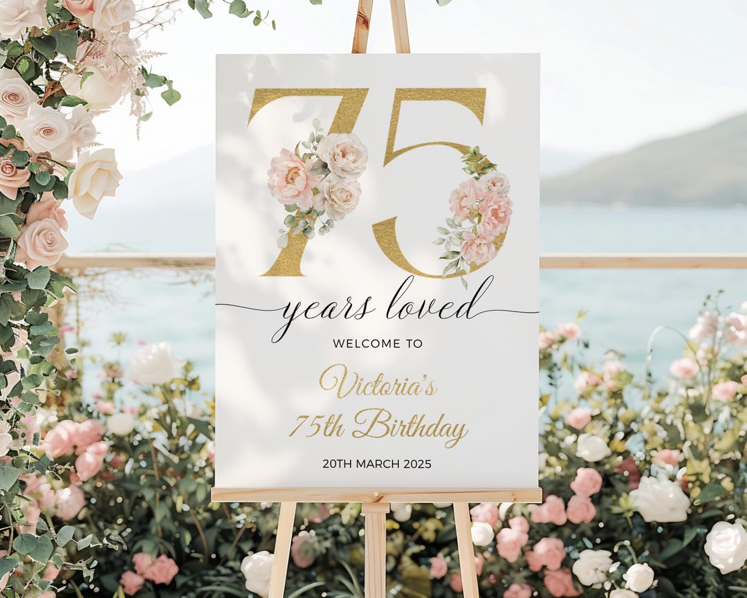 75 Years Loved Sign, Floral 75th Birthday Welcome Sign, Editable ...