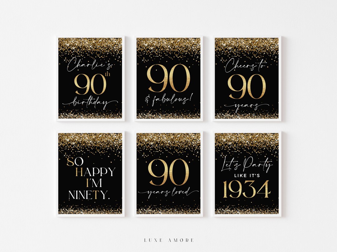 Black and Gold 90th Birthday Decorations, 90th Birthday Signs, Editable ...