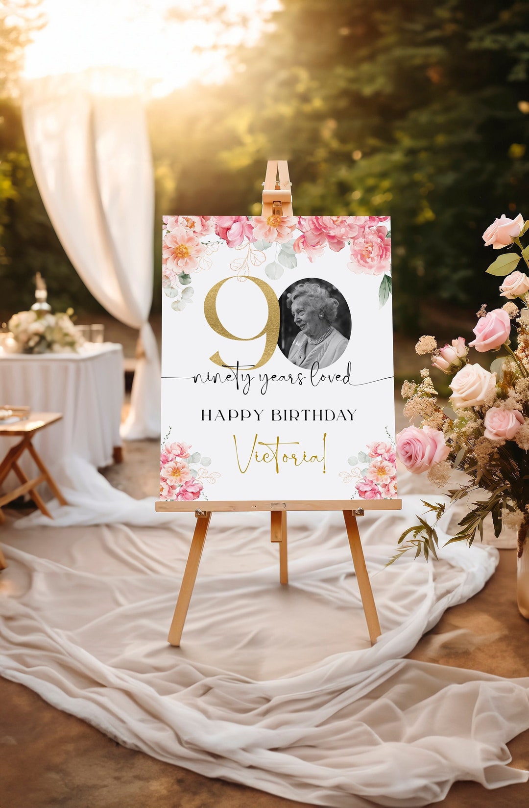 90 Years Loved Sign, Floral 90th Birthday Welcome Sign, Welcome Sign ...
