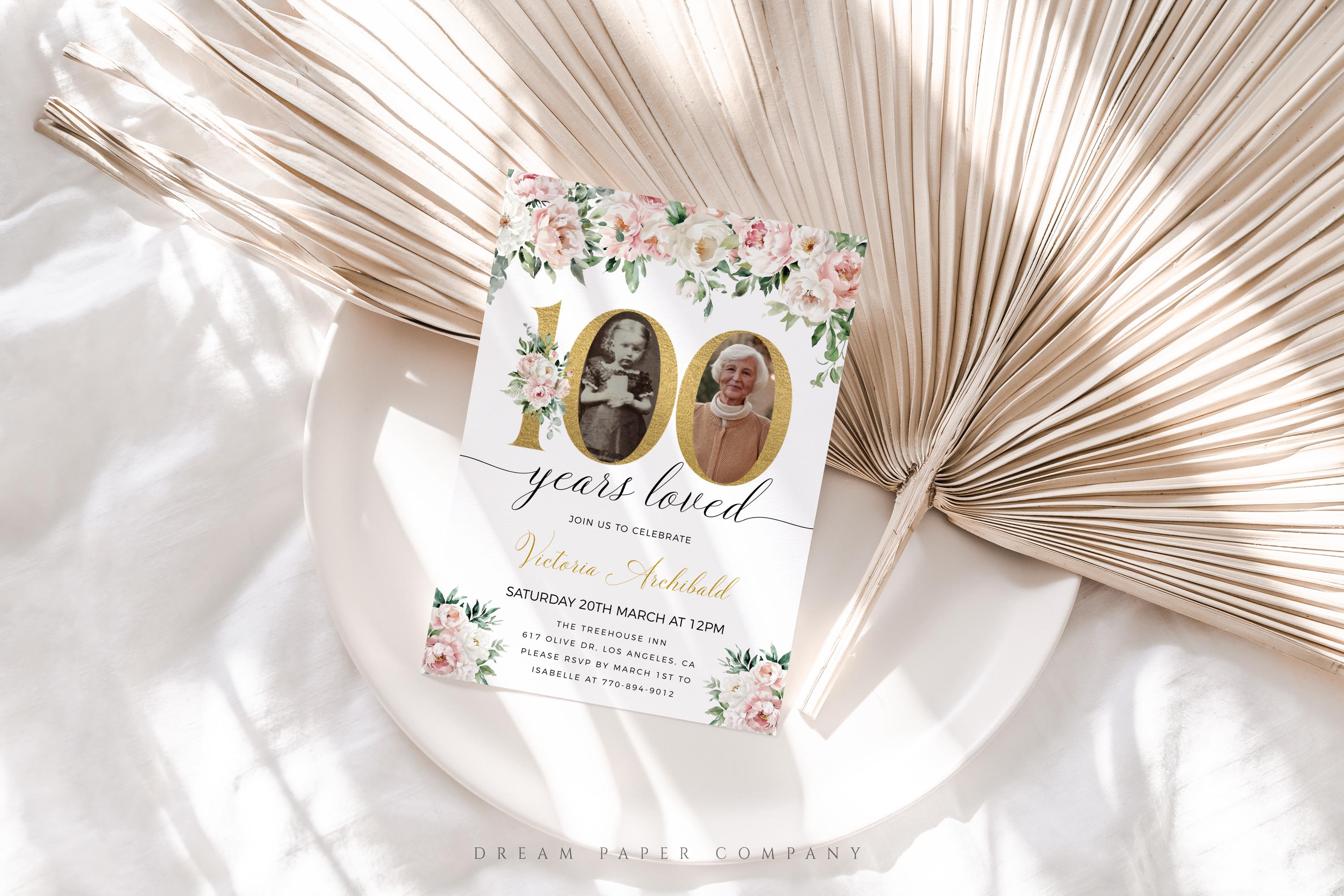 Floral 100th Birthday Invitation Template, 100 Years Loved Invitation ...
