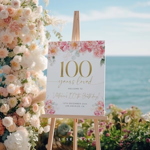100 Years Loved Sign, Floral 100th Birthday Welcome Sign, 100th Welcome ...