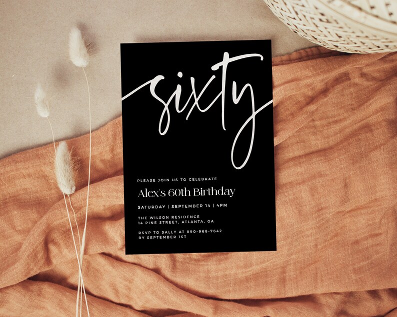 Black 60th Birthday Invitation Template, Modern 60th Birthday Invite ...