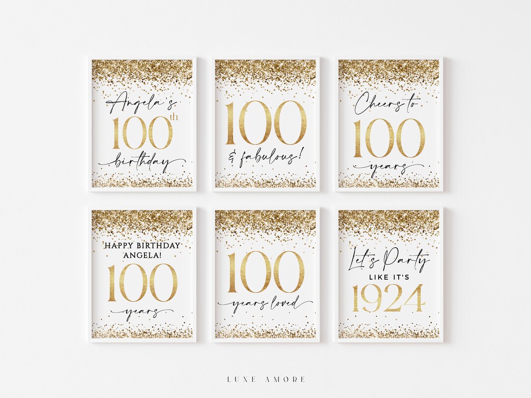 Gold 100th Birthday Decorations, 100th Birthday Signs, Editable ...