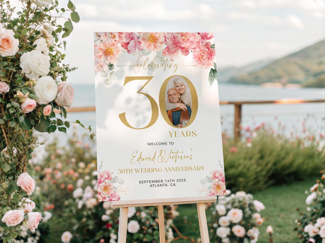 Floral 30th Anniversary Welcome Sign Template, Blush and Gold, Editable ...