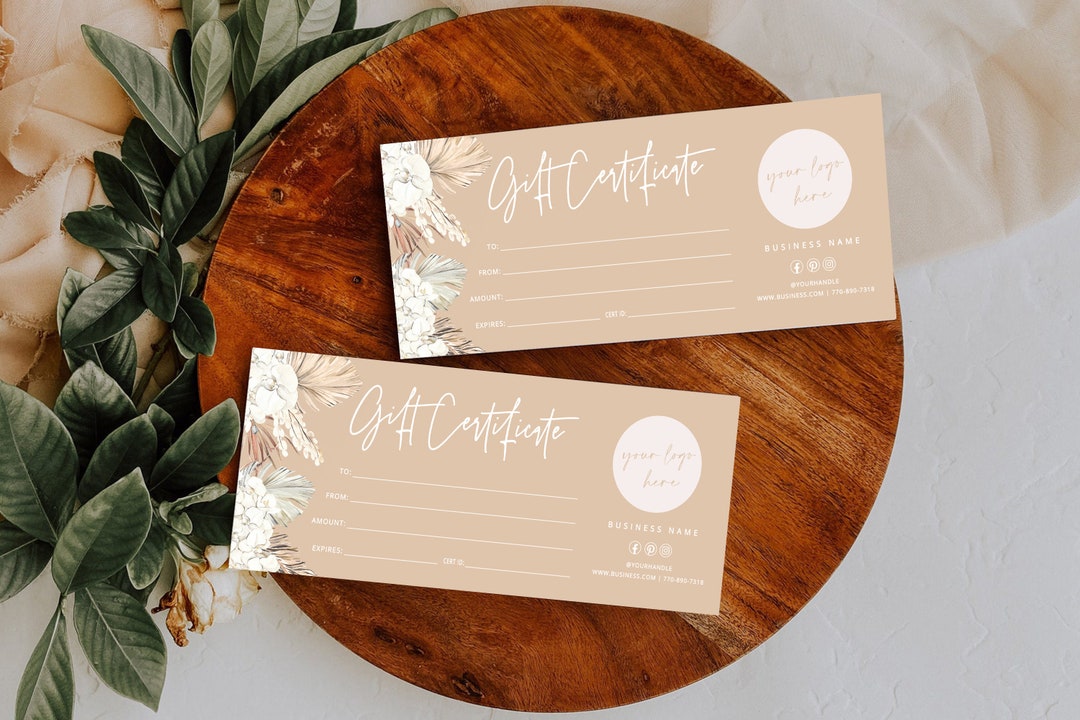 Boho Gift Certificate Template, Small Business Gift Voucher, Pampas ...