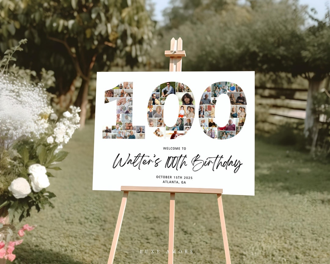 100th Birthday Photo Collage, 100th Birthday Welcome Sign, Number 100 ...