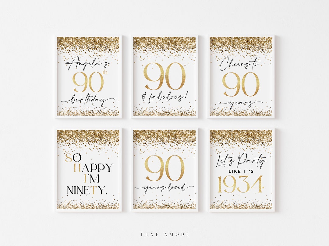 Gold 90th Birthday Decorations, 90th Birthday Signs, Editable Template ...