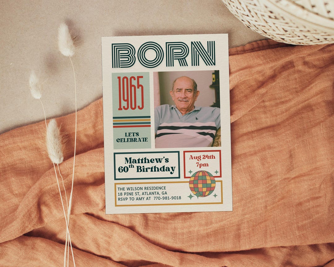 Retro 60th Birthday Invitation, Back in 1965, Vintage 60s Birthday ...