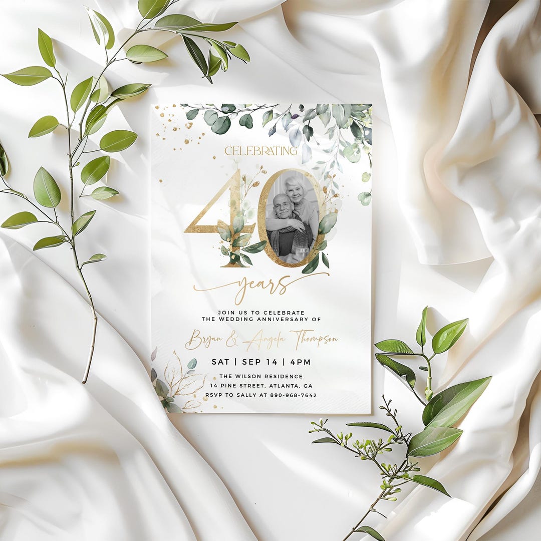 40th Anniversary Invitation Template, Greenery and Gold, Editable ...