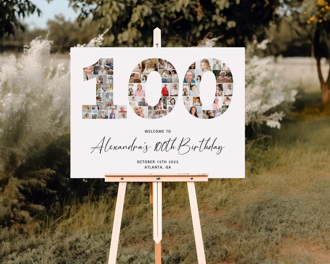 100th Birthday Photo Collage, 100th Birthday Welcome Sign, Number 100 ...