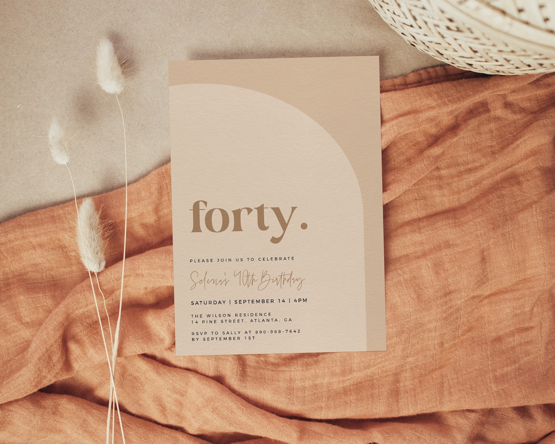 Minimalist Birthday Invitation Template, Beige 40th Birthday Invite ...