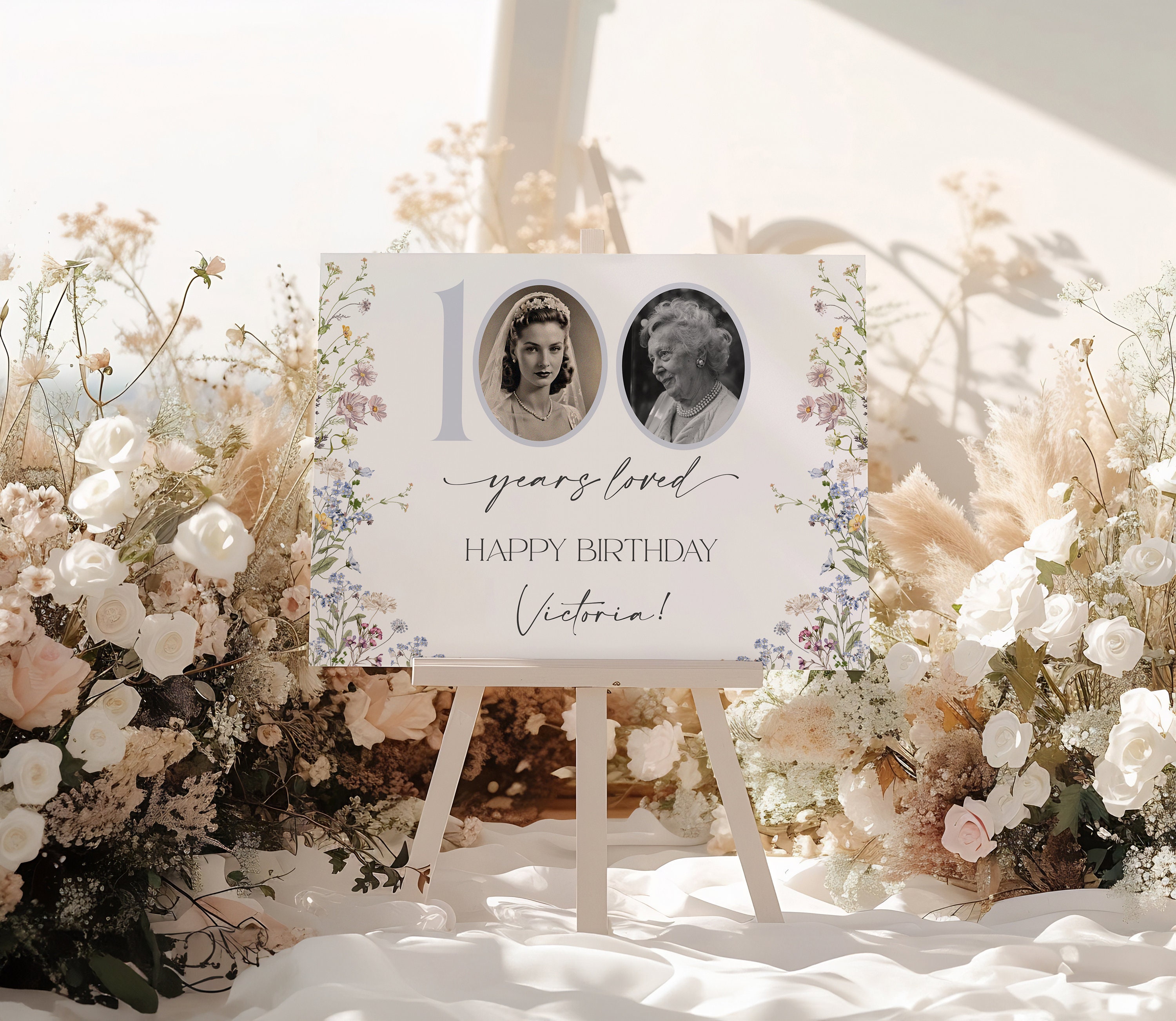 100 Years Loved Sign, Floral 100th Birthday Welcome Sign, Welcome Sign ...