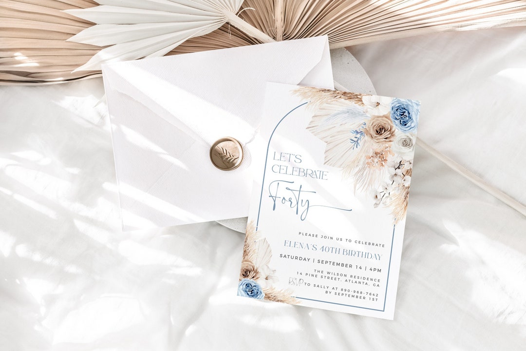 Boho 40th Birthday Invitation Template, Powder Blue 40th Birthday ...