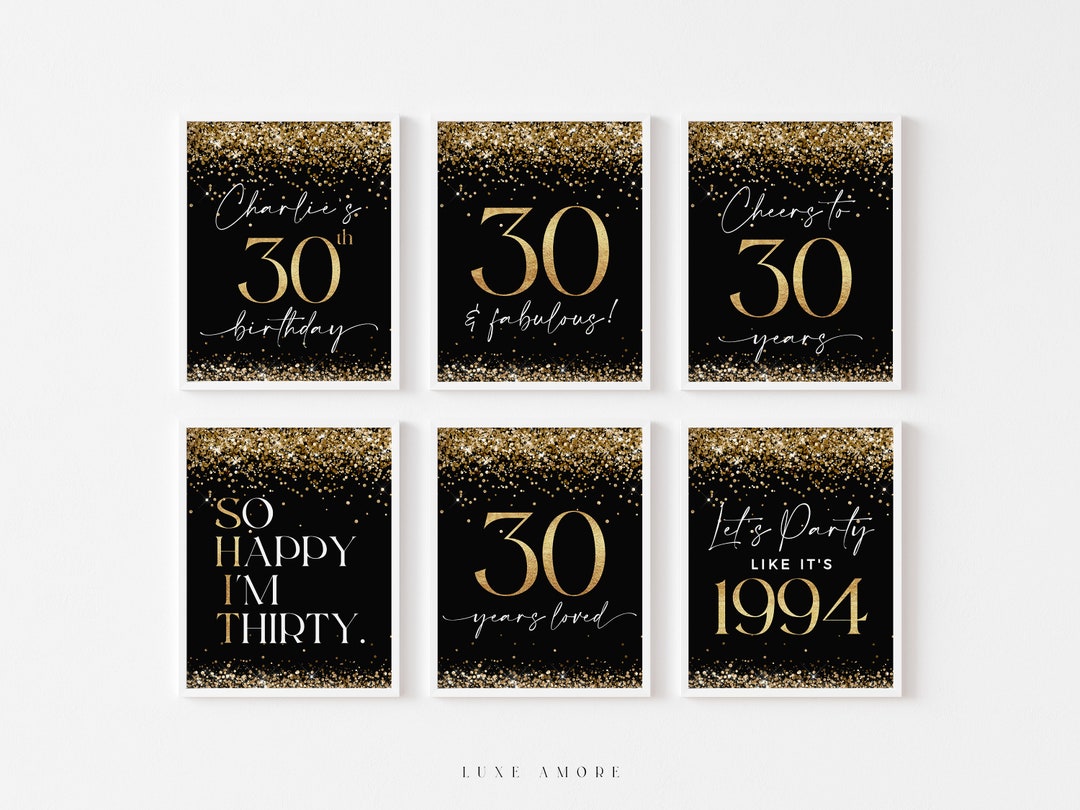 Black and Gold 30th Birthday Decorations, 30th Birthday Signs, Editable ...