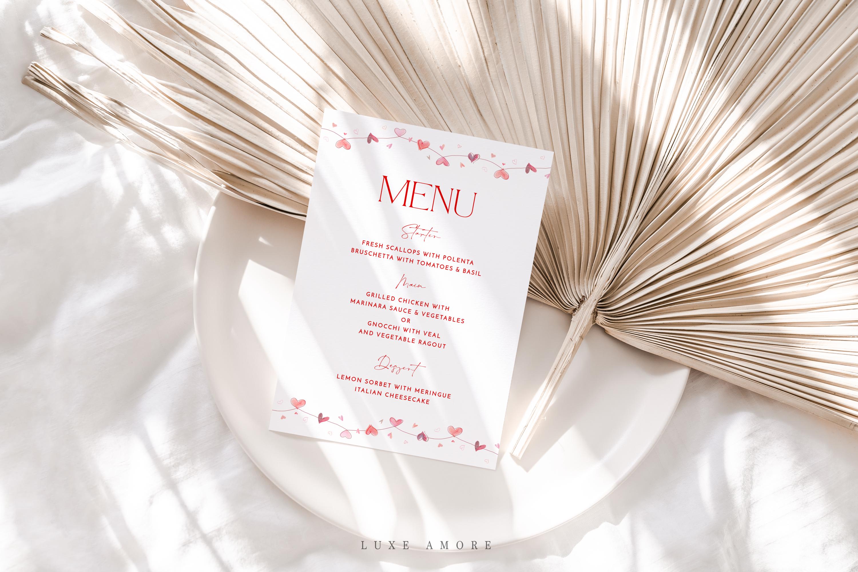 Valentine's Day Menu, Hearts Menu, Valentines Day Party Menu, Editable ...