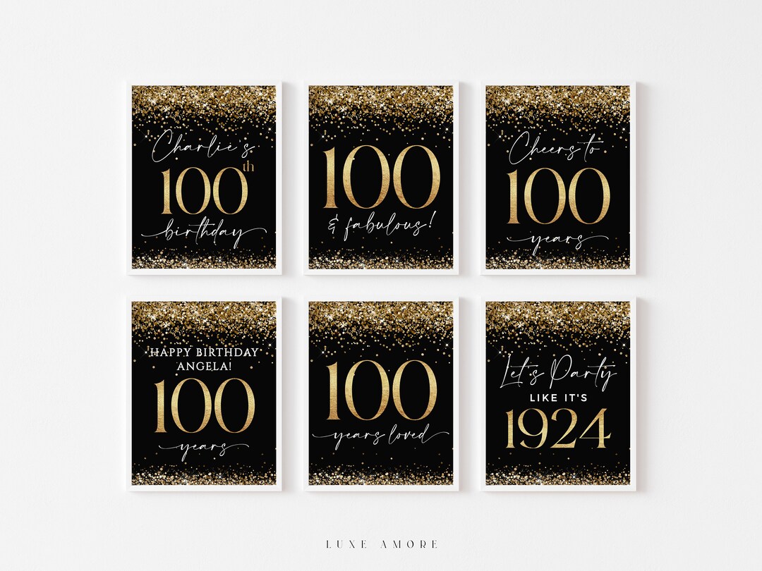 Black and Gold 100th Birthday Decorations, 100th Birthday Signs ...