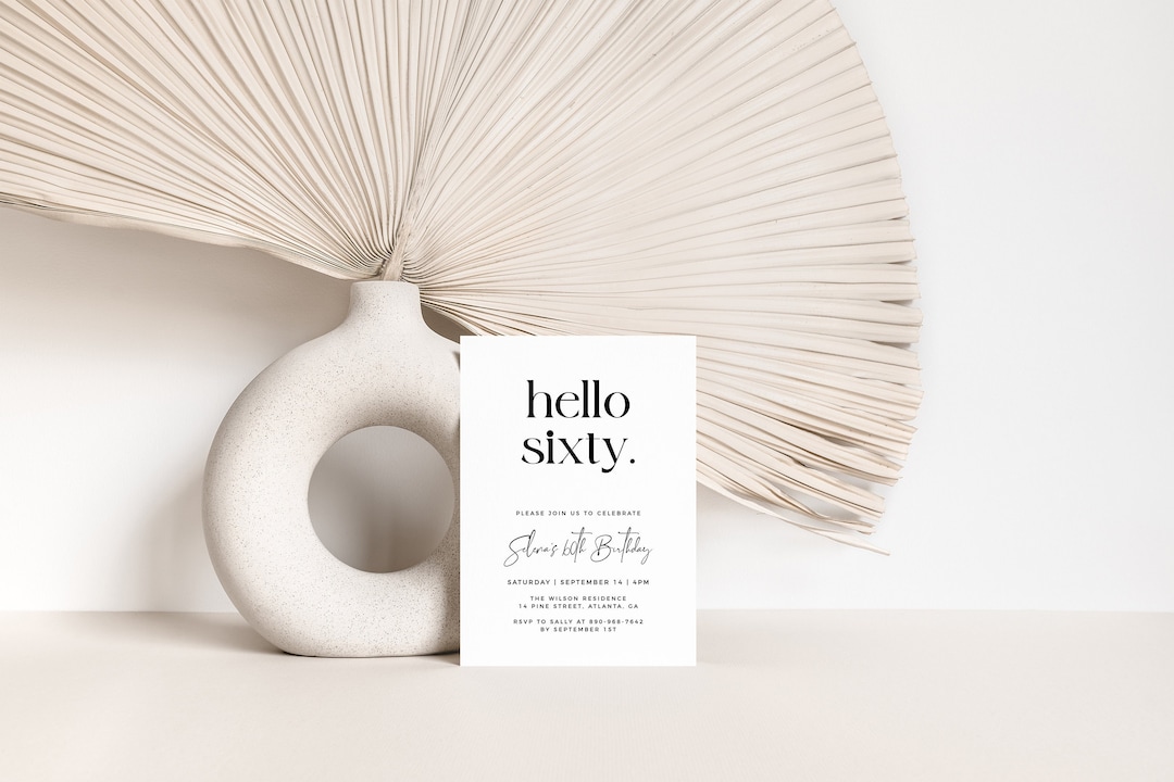 Minimalist 60th Birthday Invitation Template, Hello Sixty, Black and ...