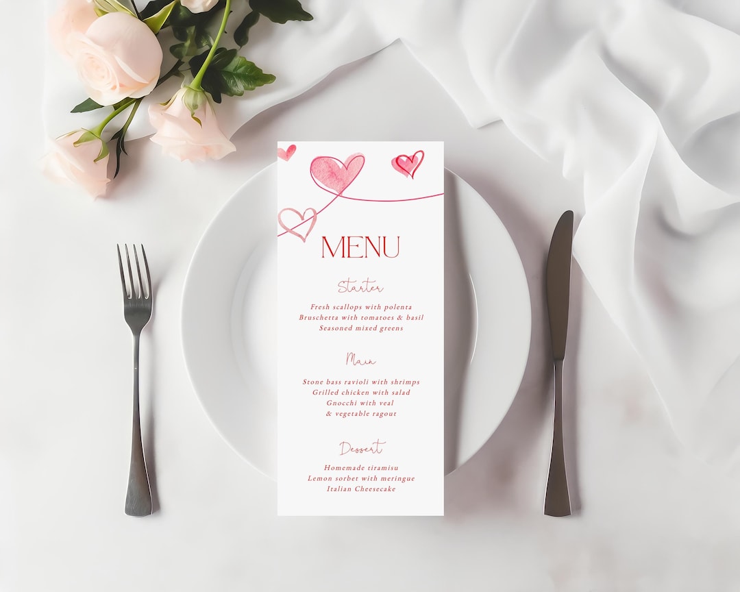 Valentine's Day Menu, Hearts Menu, Valentines Day Party Menu, Editable ...