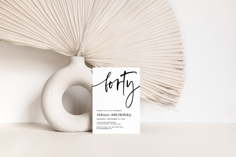 Minimal 40th Birthday Invitation Template, Black and White 40th Invite ...