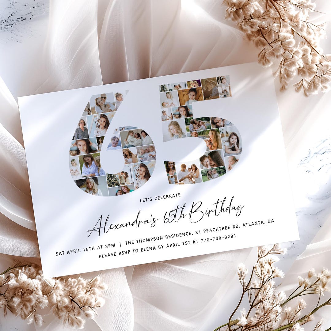 65th Birthday Invitation Template, 65th Birthday Photo Collage, 65th ...