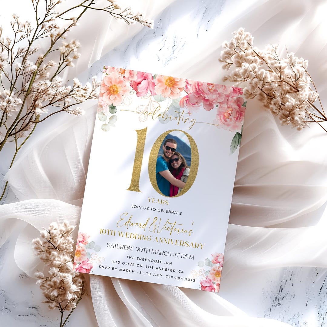 Floral 10th Anniversary Invitation Template, Pink and Gold, Editable ...