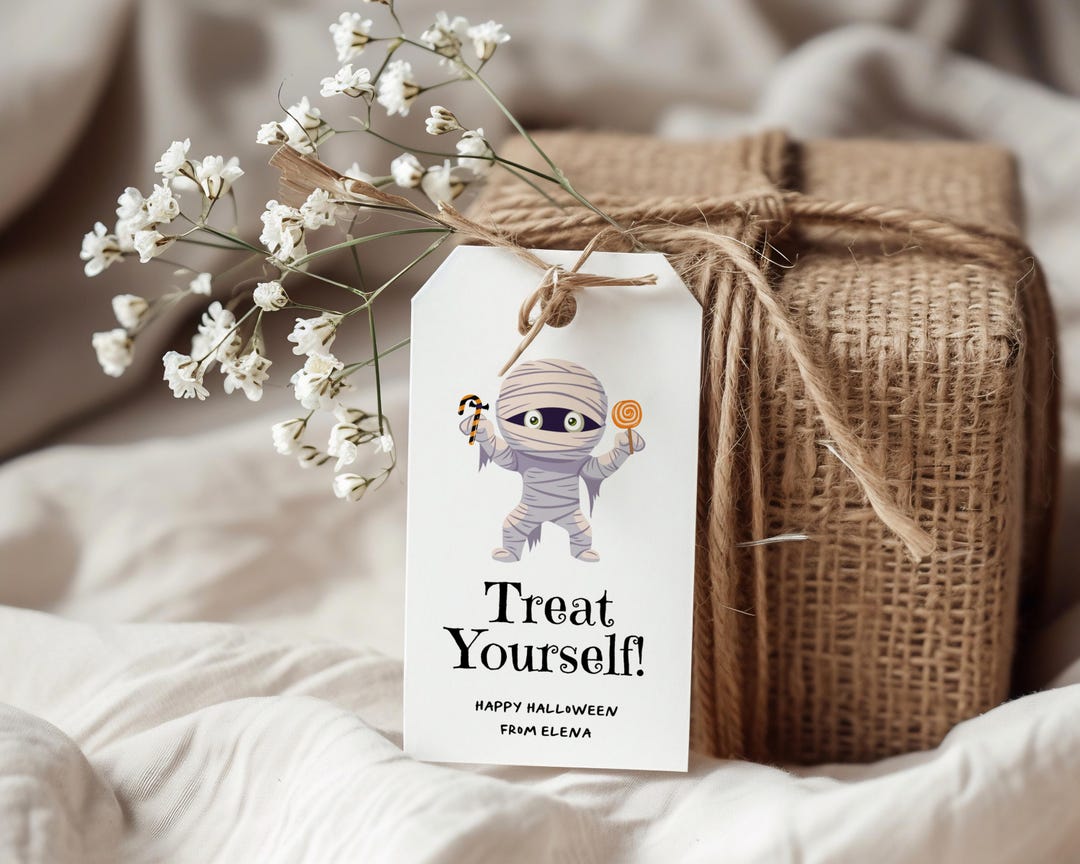 Halloween Favor Tag Template, Mummy Gift Tags, Printable Treat Yourself ...