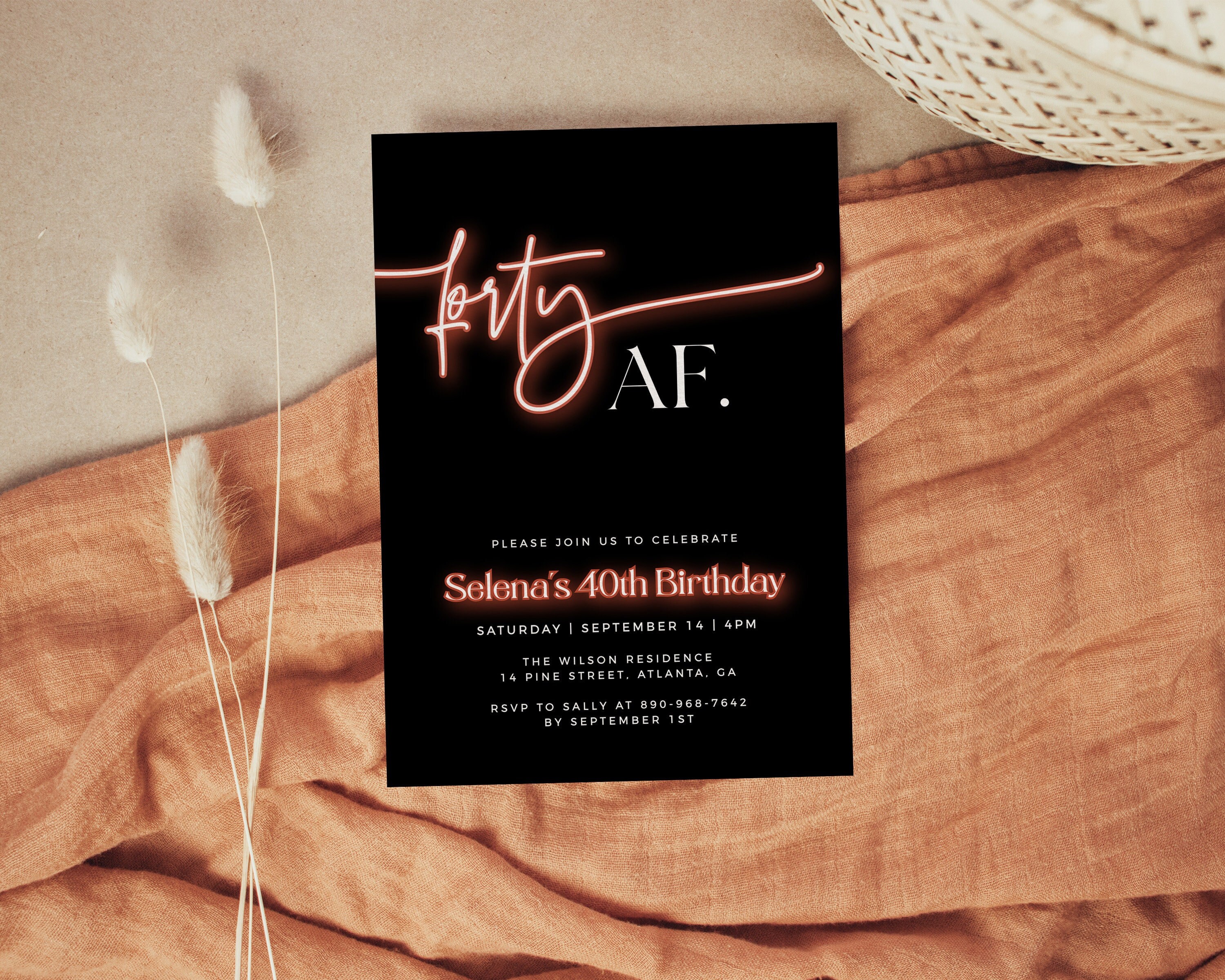 Forty AF Invitation Neon 40th Birthday Invitation Template - Etsy