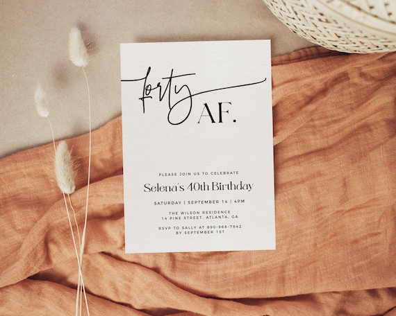 Forty AF Invitation Modern 40th Birthday Invitation Template - Etsy