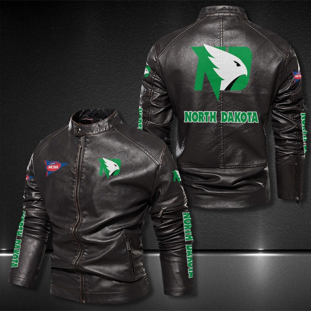 North Dakota Fighting Hawks Motor Collar Leather Jacket for Biker Racer ...