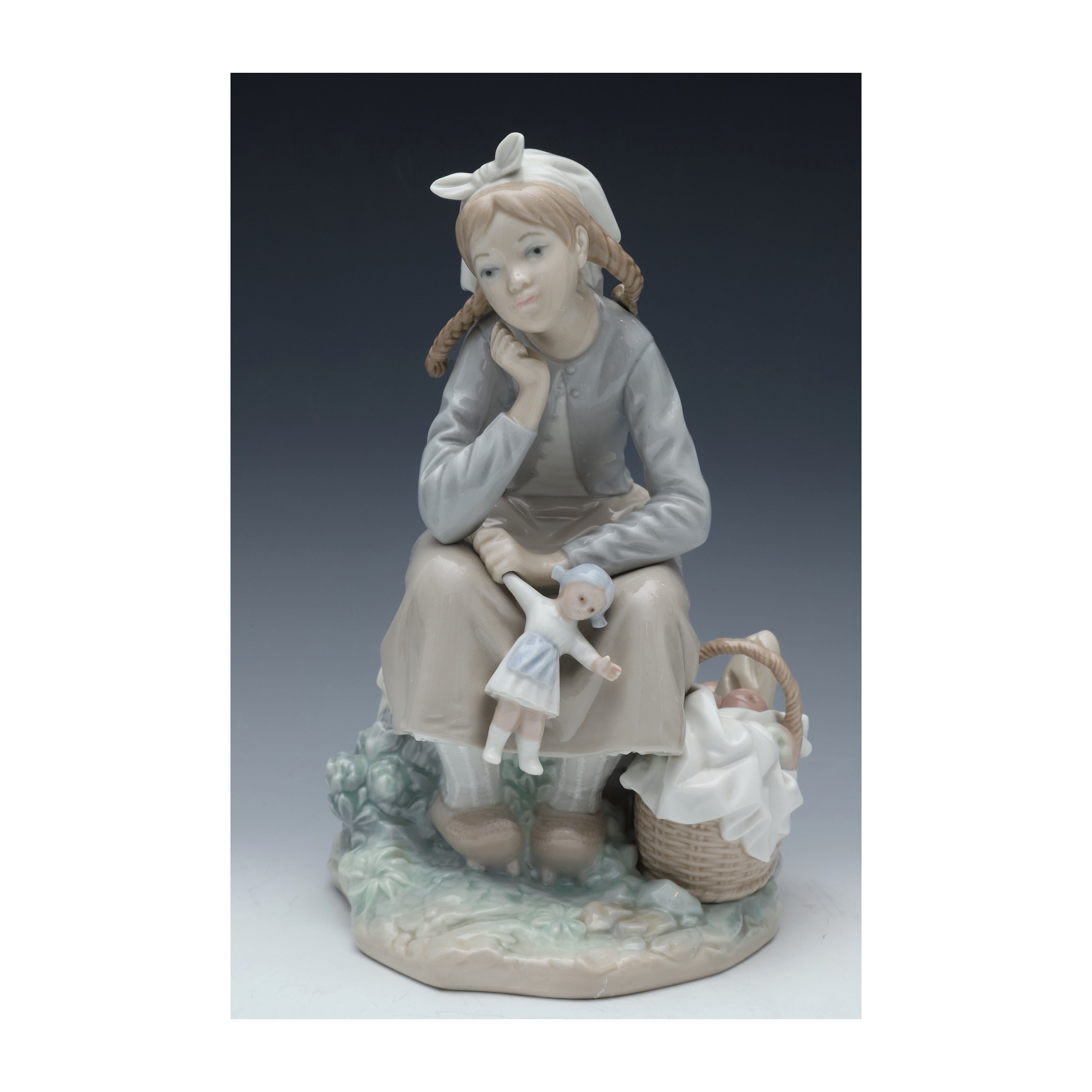Lladro Daydreaming Girl With Doll and Basket of Bread and Fruit - 1211 ...