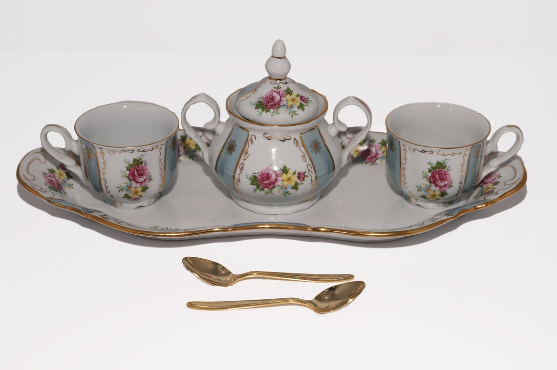 Apulum Fine Porcelain Tea Set with Tray Sugar Bowl 2 Tea | Etsy