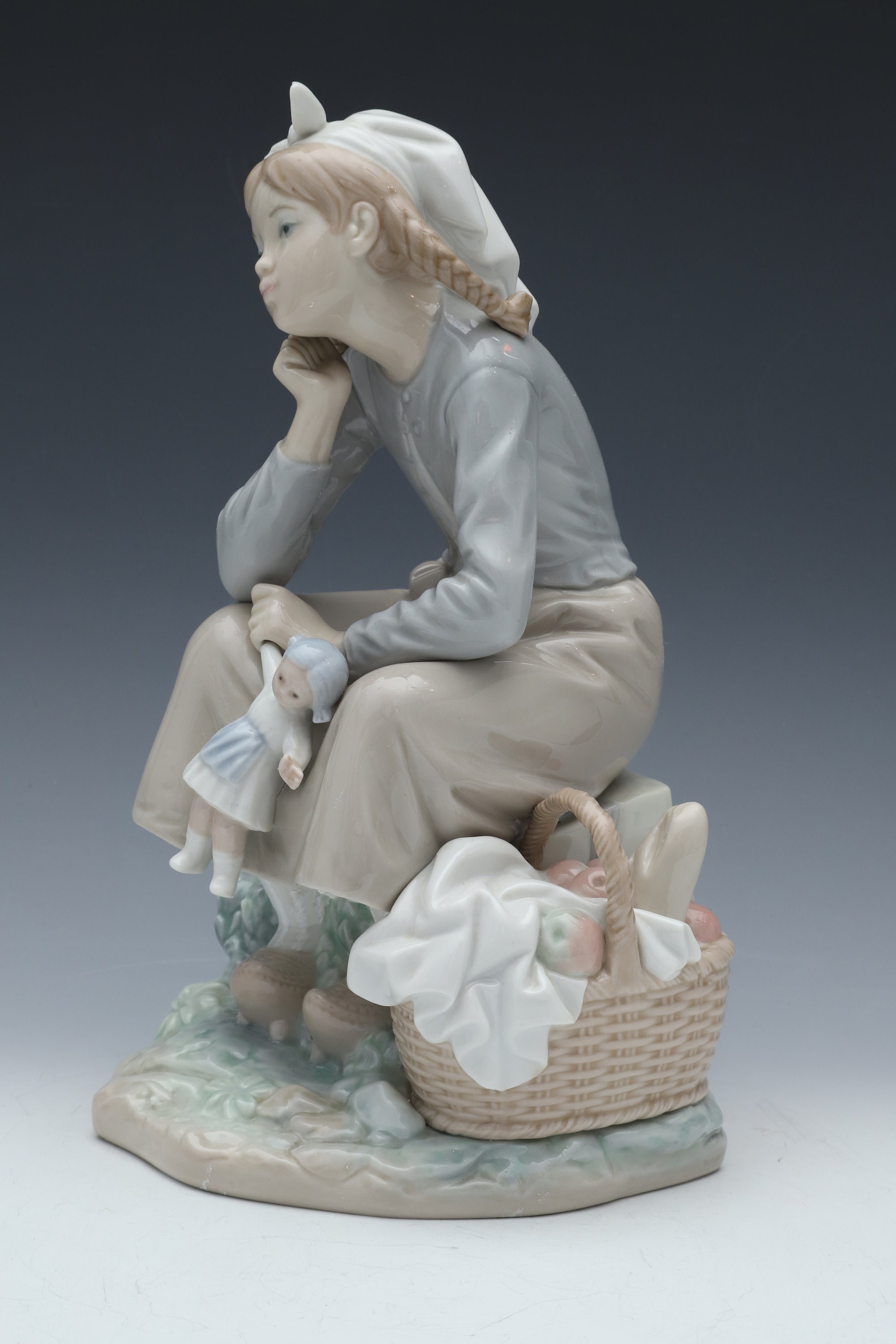 Lladro Daydreaming Girl With Doll and Basket of Bread and Fruit - 1211 ...