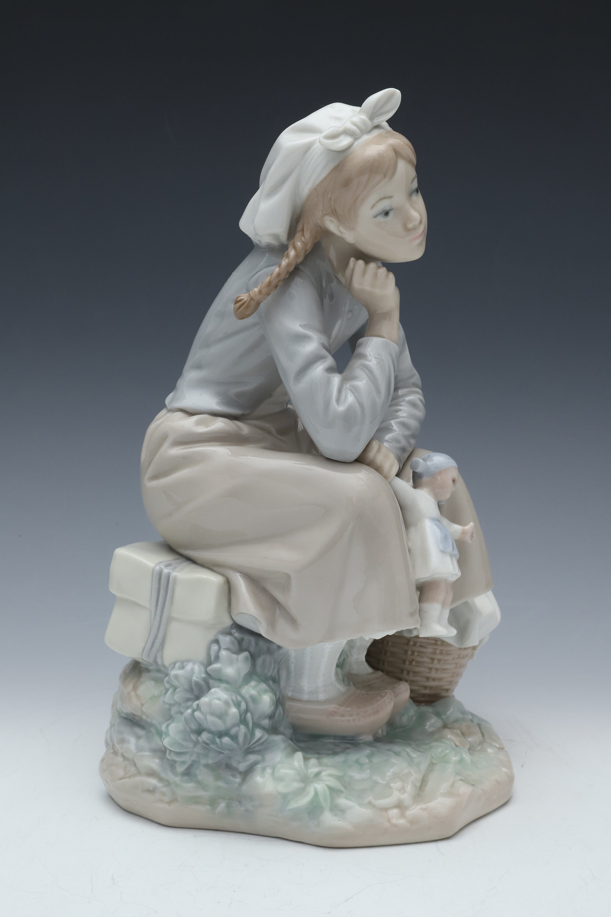 Lladro Daydreaming Girl With Doll and Basket of Bread and Fruit - 1211 ...