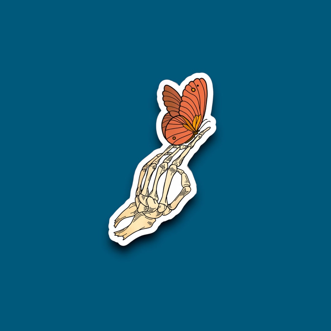 Skeleton Hand Orange Butterfly | Waterproof Sticker - Etsy