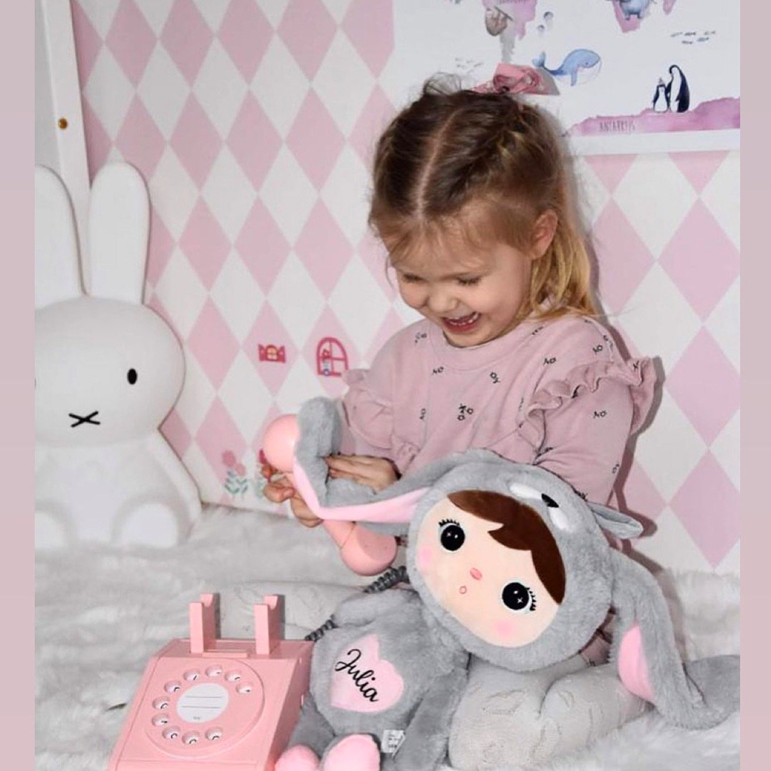Personalized Metoo Grey/pink Bunny Doll 48cm With Name - Etsy