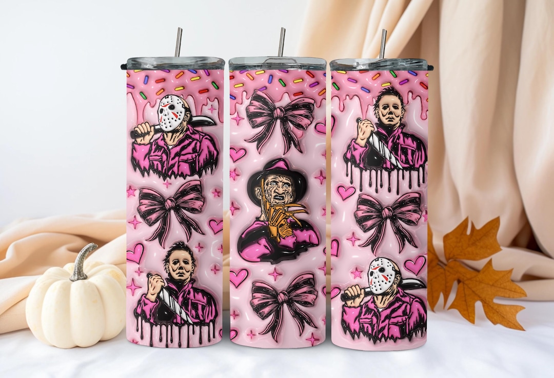 Pink Horror Icon Tumbler With Metal Straw | Horror Movie Characters in ...