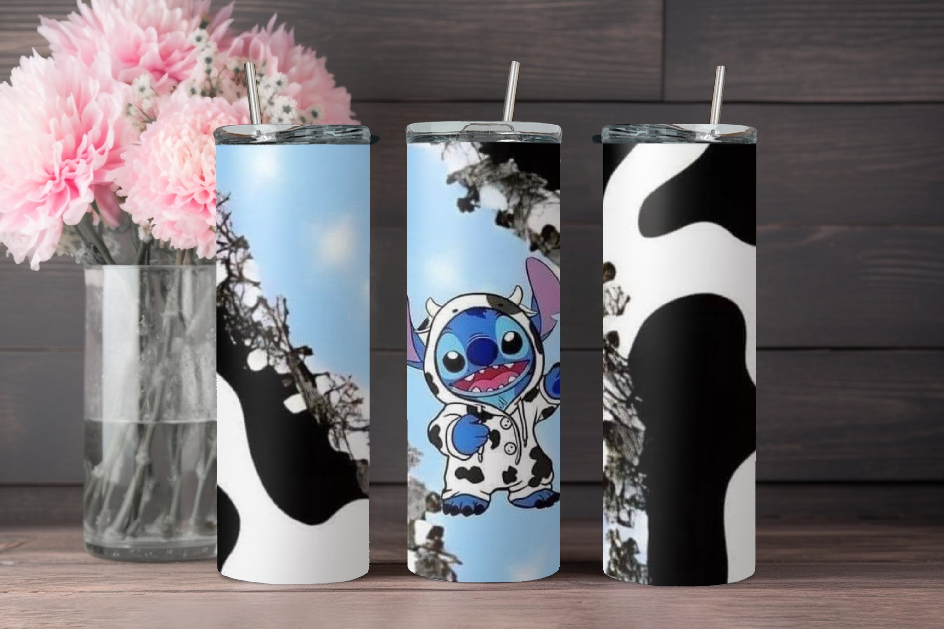 20oz Stitch Cow Print Tumbler With Lid and Straw Cartoon Character ...