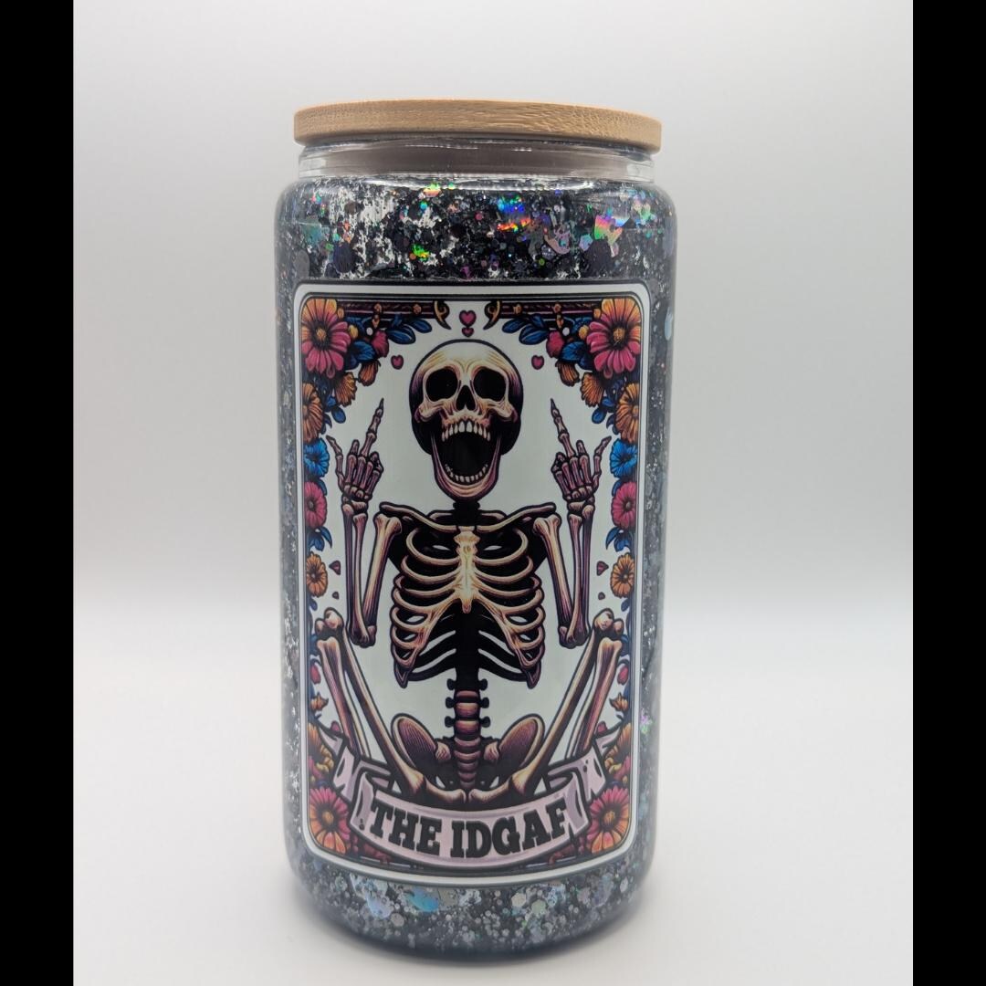 Rebellious Skeleton 16oz Glitter Snow Globe Tumbler IDGAF Tarot Card ...