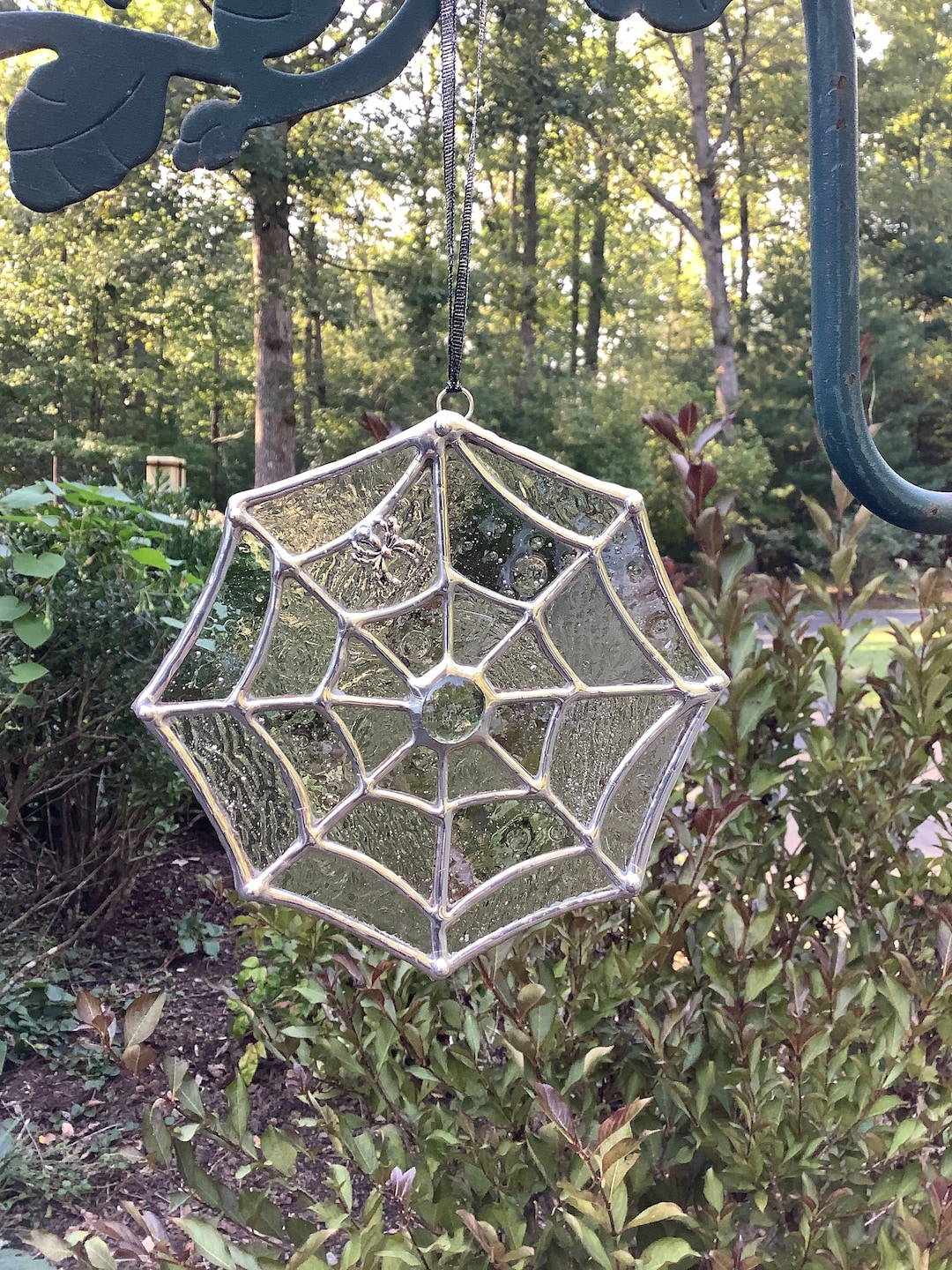 Clear Textured Stained Glass Spiderweb Suncatcher, Halloween Decor ...