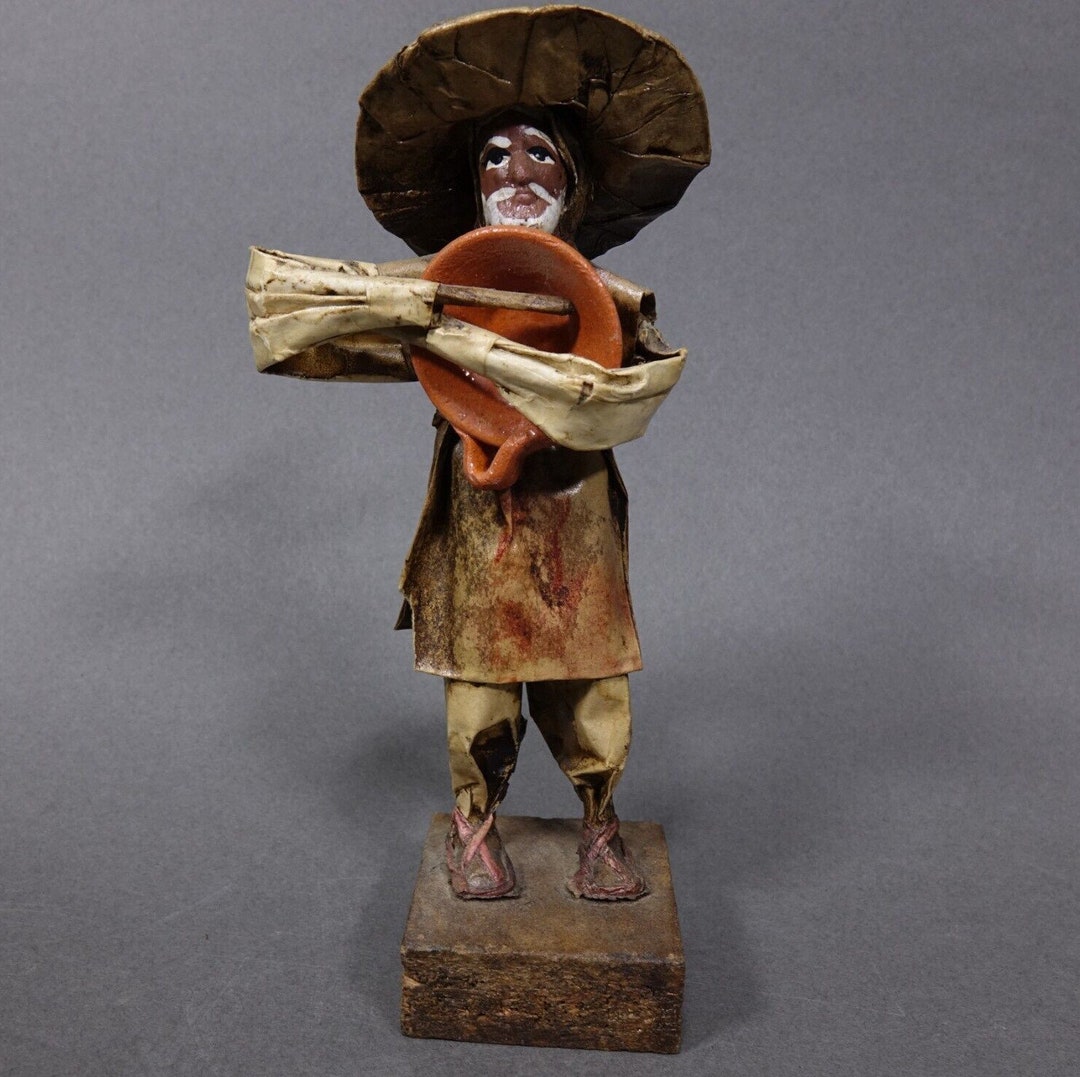 Vintage Small Paper Mache Man With Pottery Figurine From Mexico 7" by 3 ...