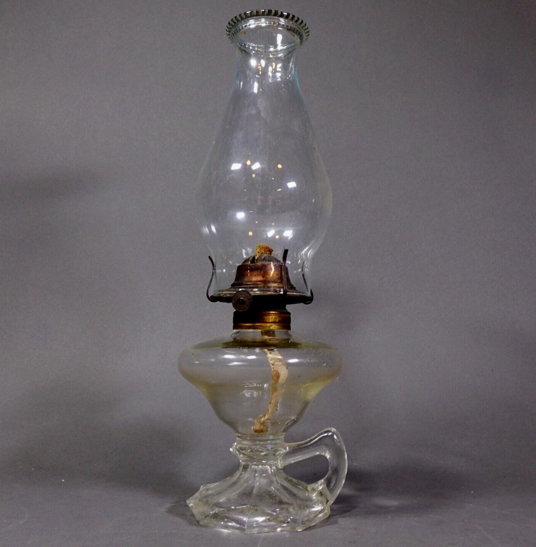 14.5 Glass Oil Lamp W/ Burner W/ Wick & Glass Huricane Shade - Etsy