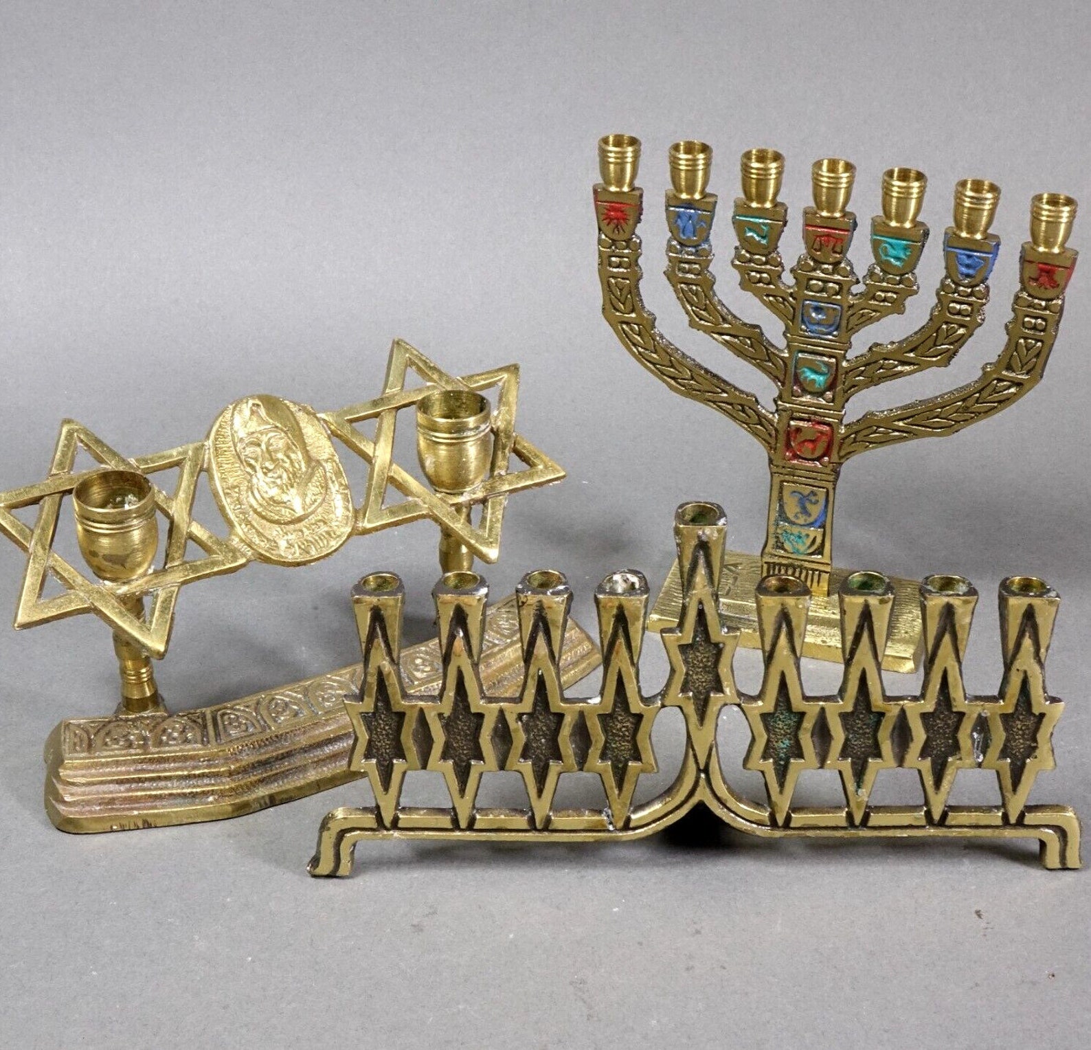 Lot of Three 3 Vintage Brass Menorahs & Shabbat Candle Holders Incl ...