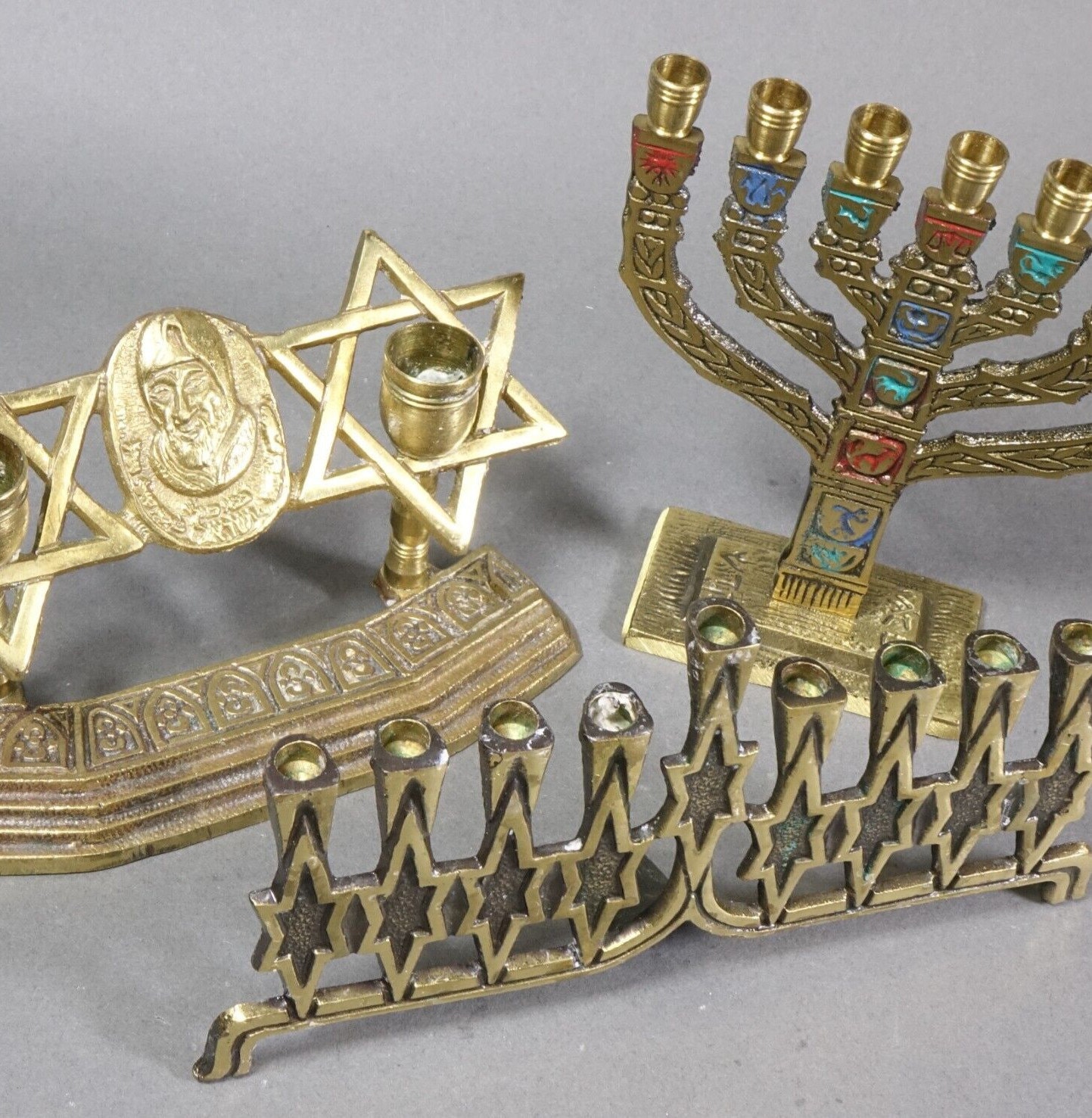 Lot of Three 3 Vintage Brass Menorahs & Shabbat Candle Holders Incl ...